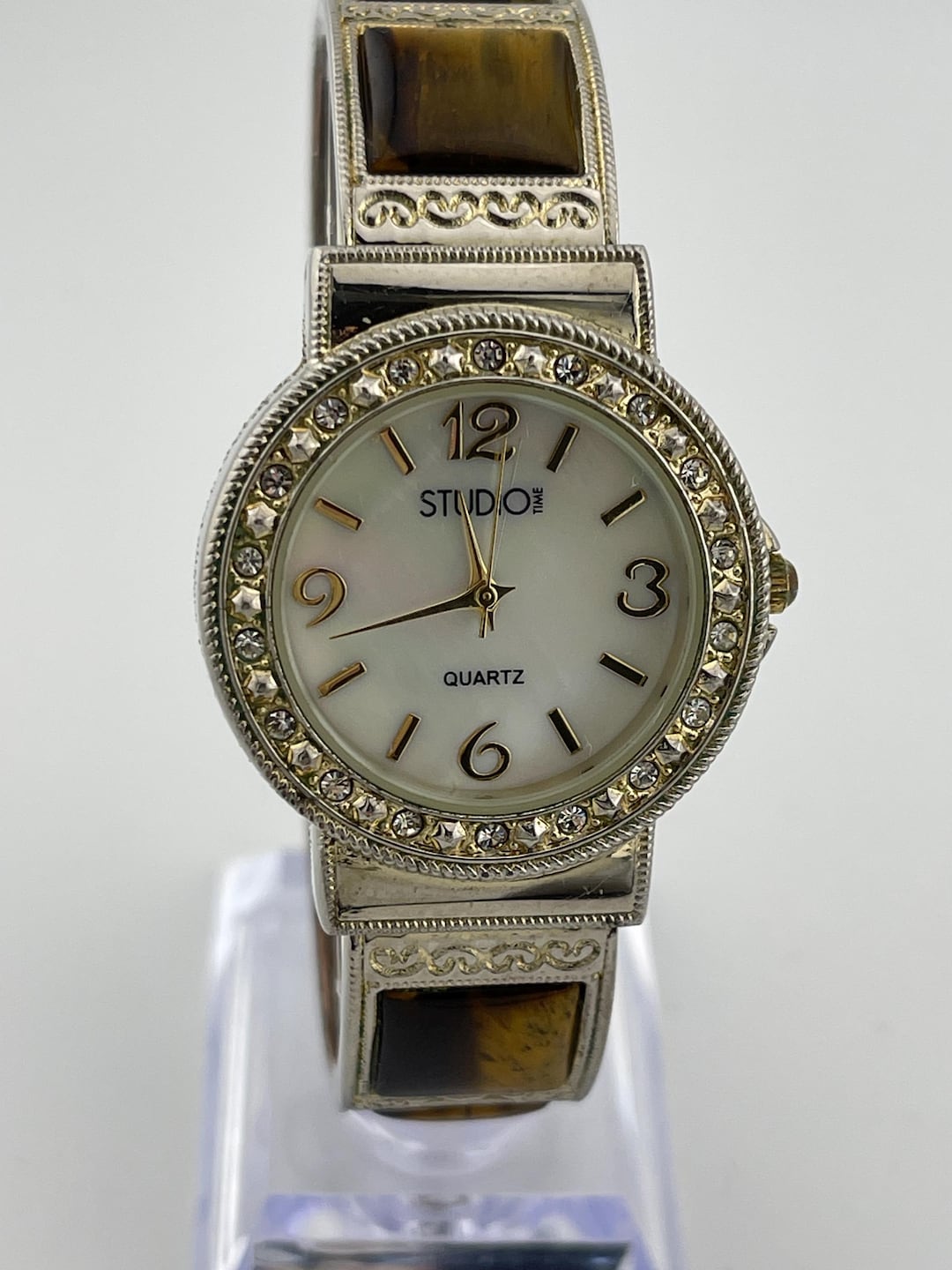 Studio Time STD2740 Silver Cuff Quartz Watch W/ Tiger Eye Panels C ...
