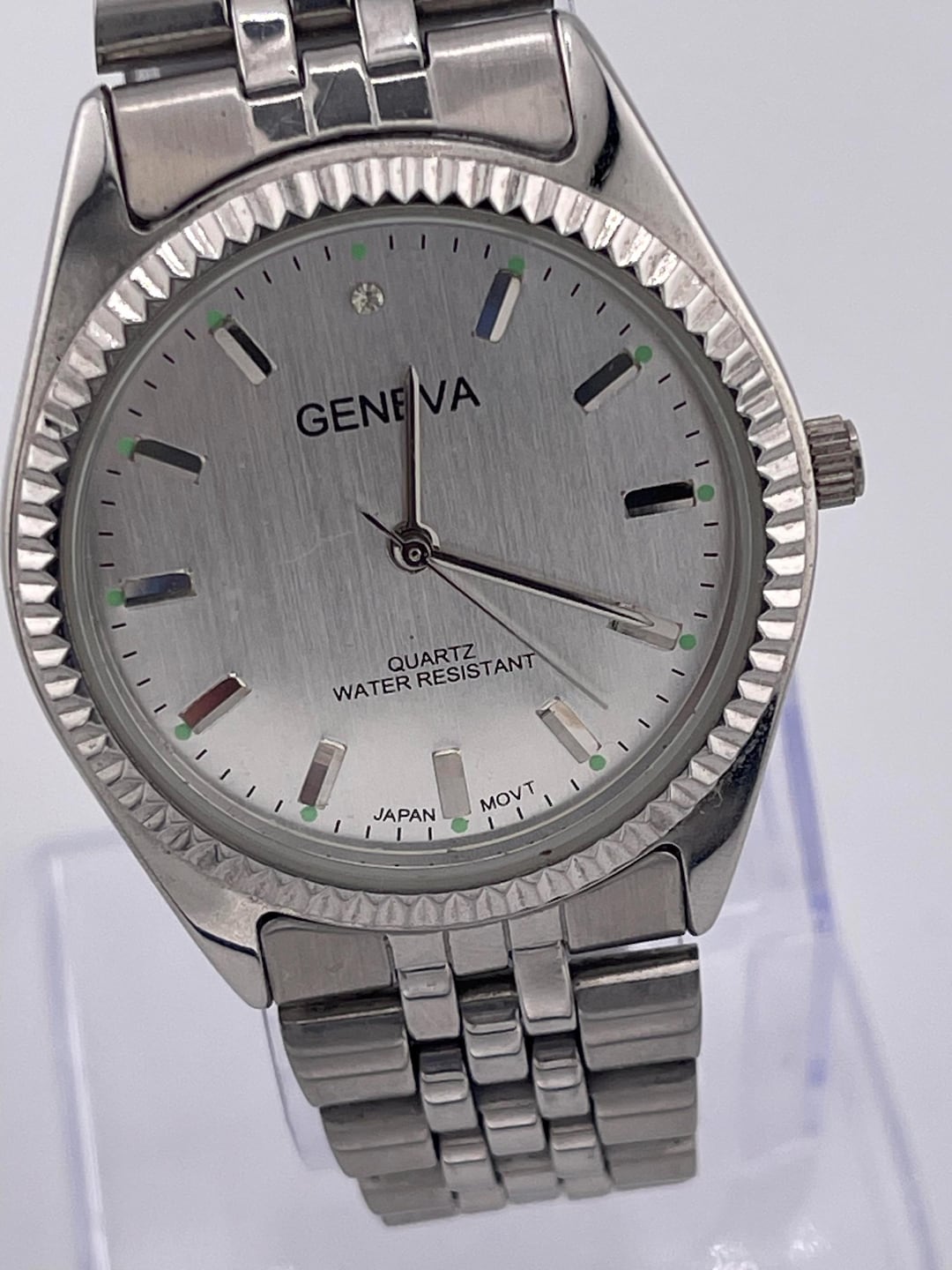 Geneva Vintage Men’s Quartz Silver Watch With One Rhinestone Accent ...