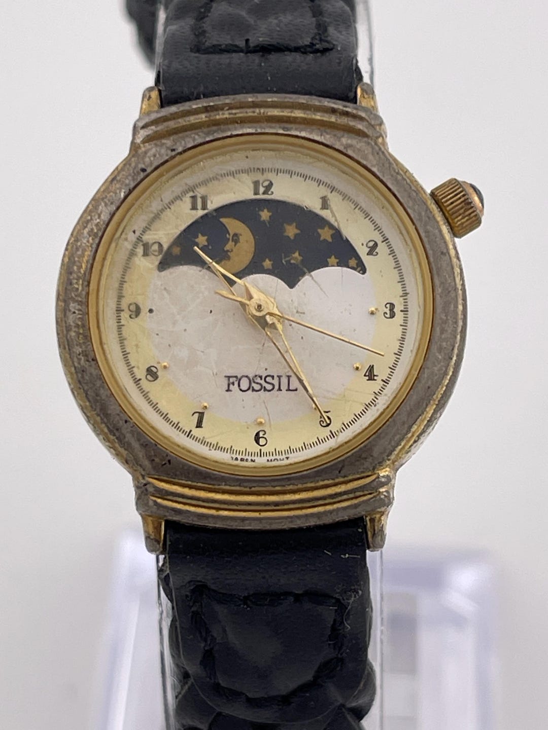 Fossil Moon Stars Dial Vintage Watch C. 1990s Gold Tone Braided Leather ...