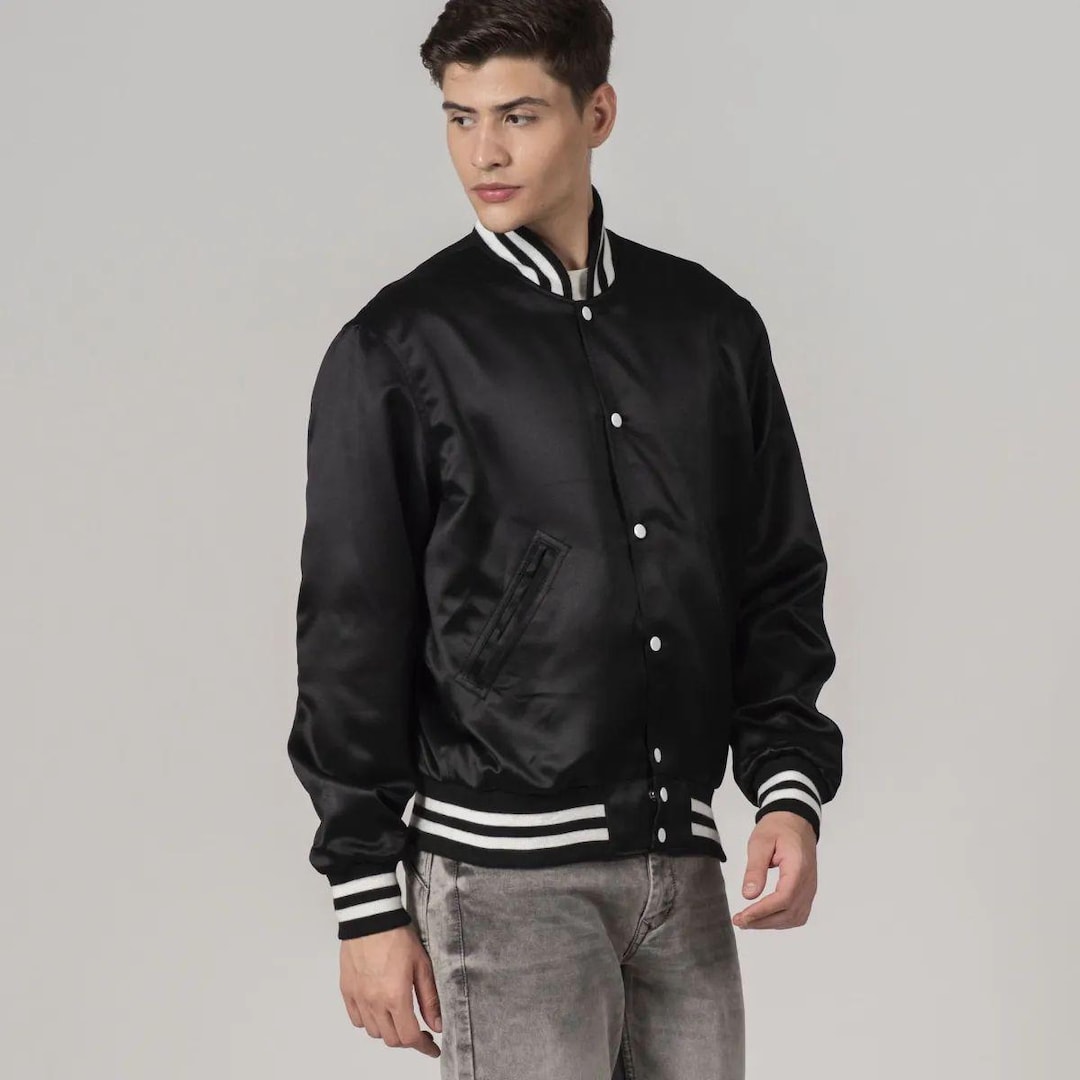 Black Satin Varsity Jacket | Classic Men’s Bomber With White Striped ...