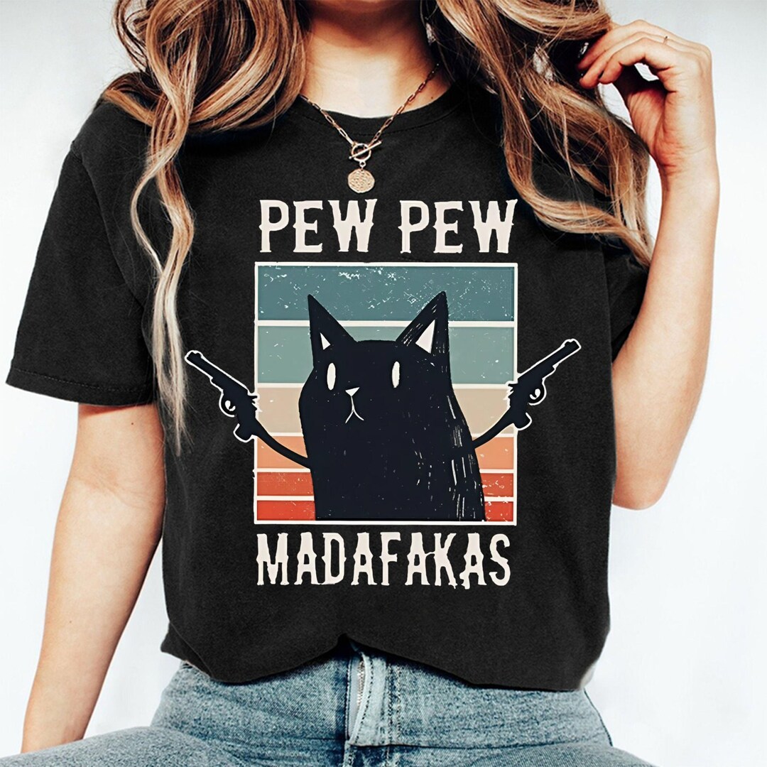 Pew Pew Madafakas Cat PNG Funny Retro Sunset Meme Graphic Sublimation T ...