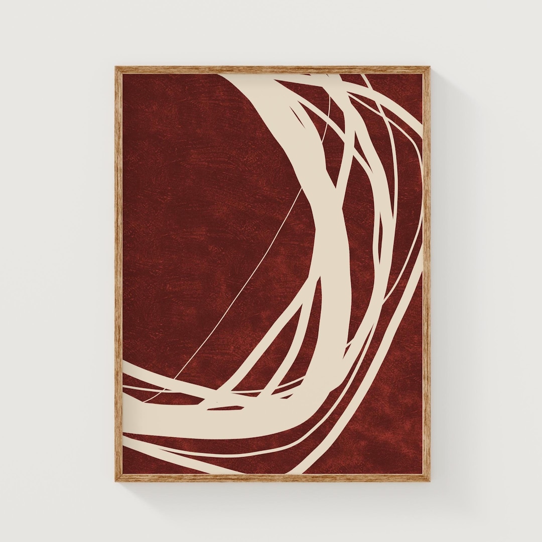 Dark Red and Beige Abstract Line Art, Minimalist Abstract Print ...