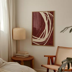 Dark Red and Beige Abstract Line Art, Minimalist Abstract Print ...