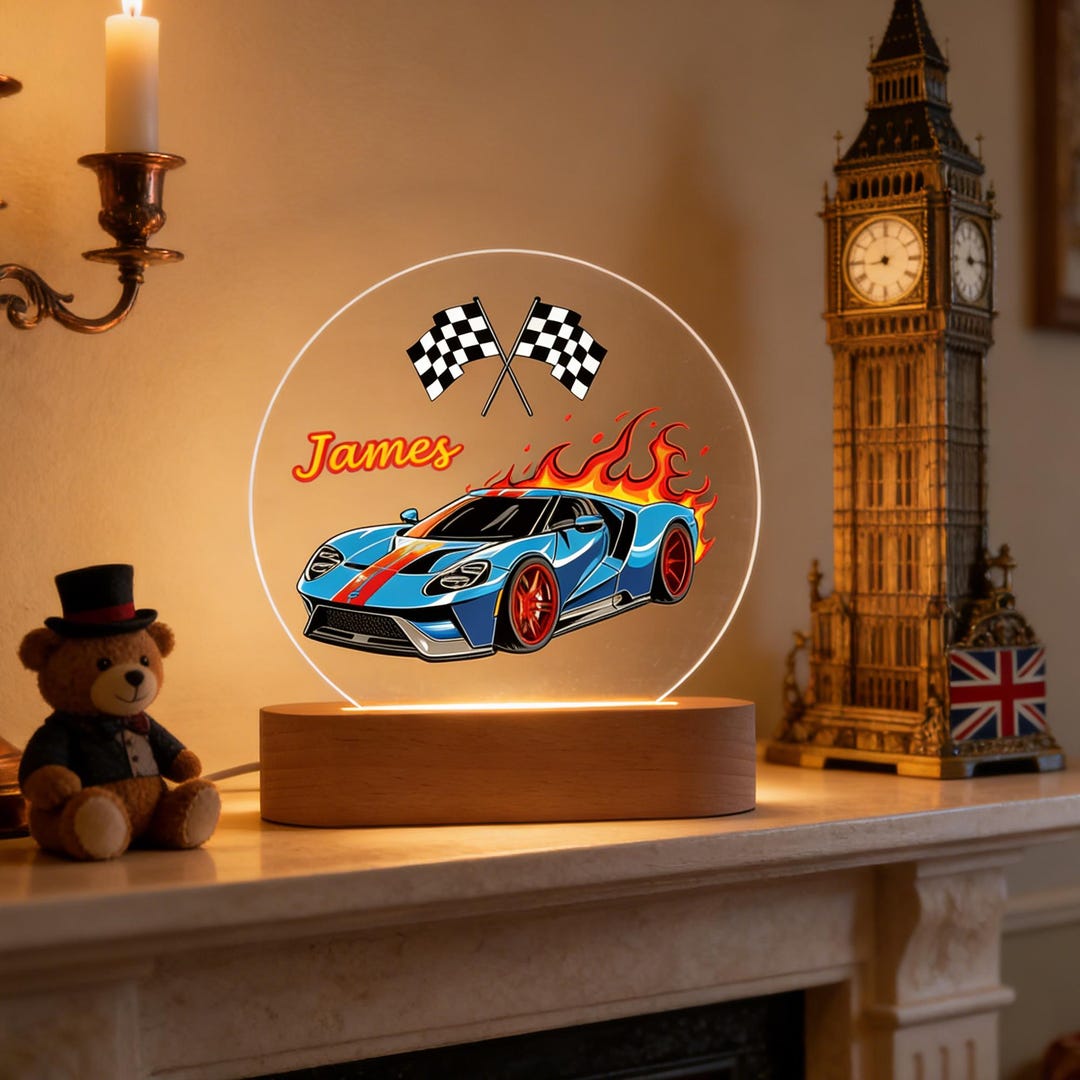 Racing Car Night Light, Perfect Gift for Boys, Personalised Acrylic ...