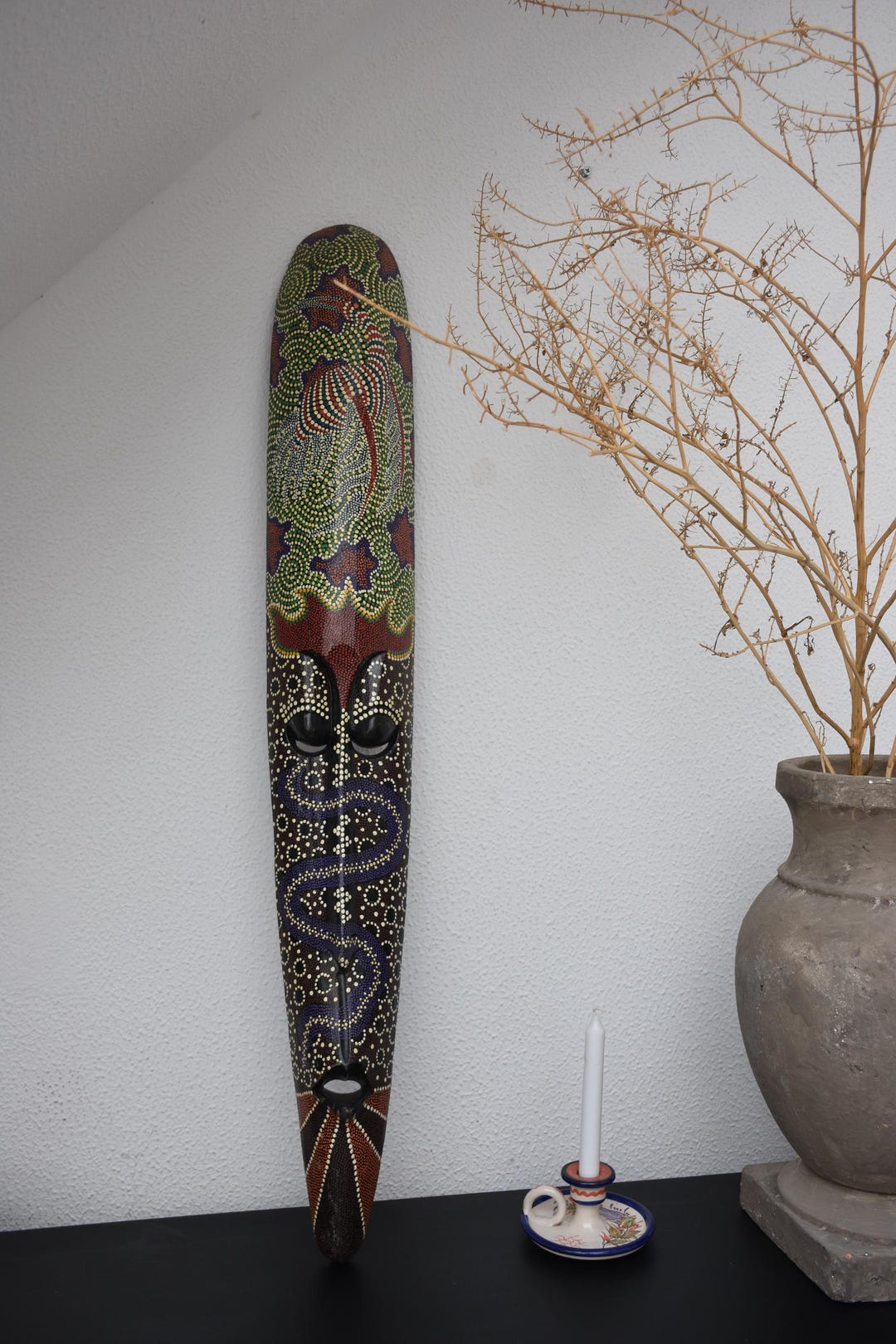 Aboriginal Art Style Wooden Tribal Mask - Handpainted Java Wall Art ...