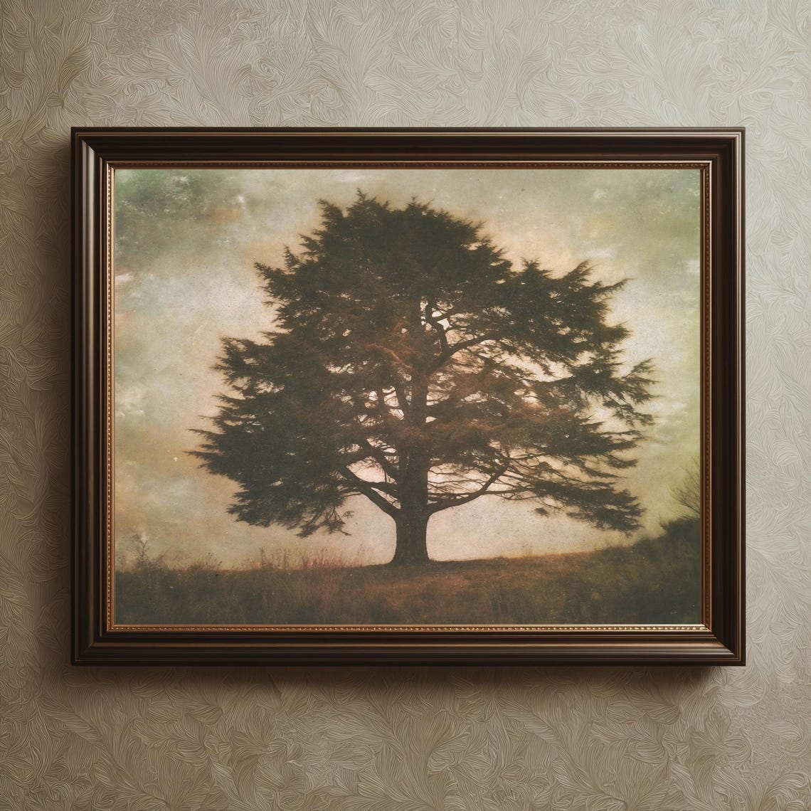 Misty Tree Art Print: Solitary Cedar Meadow Landscape With Atmospheric ...