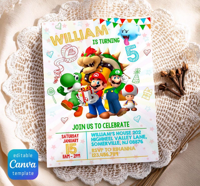Mario Bros Invitation, Birthday Invite Boy Girl, Super Mario Movie ...