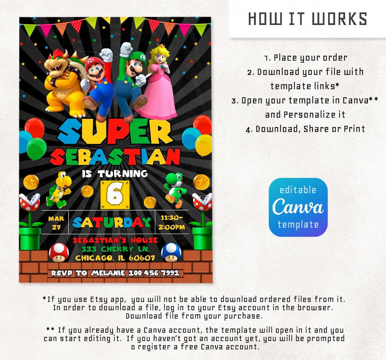 Mario Bros Invitation, Birthday Invite Boy Girl, Super Mario Movie ...