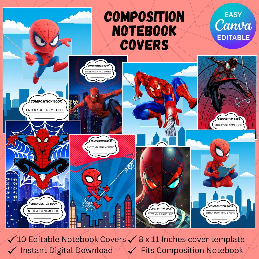 Spiderman Composition Notebook Cover | Editable Canva Template for ...