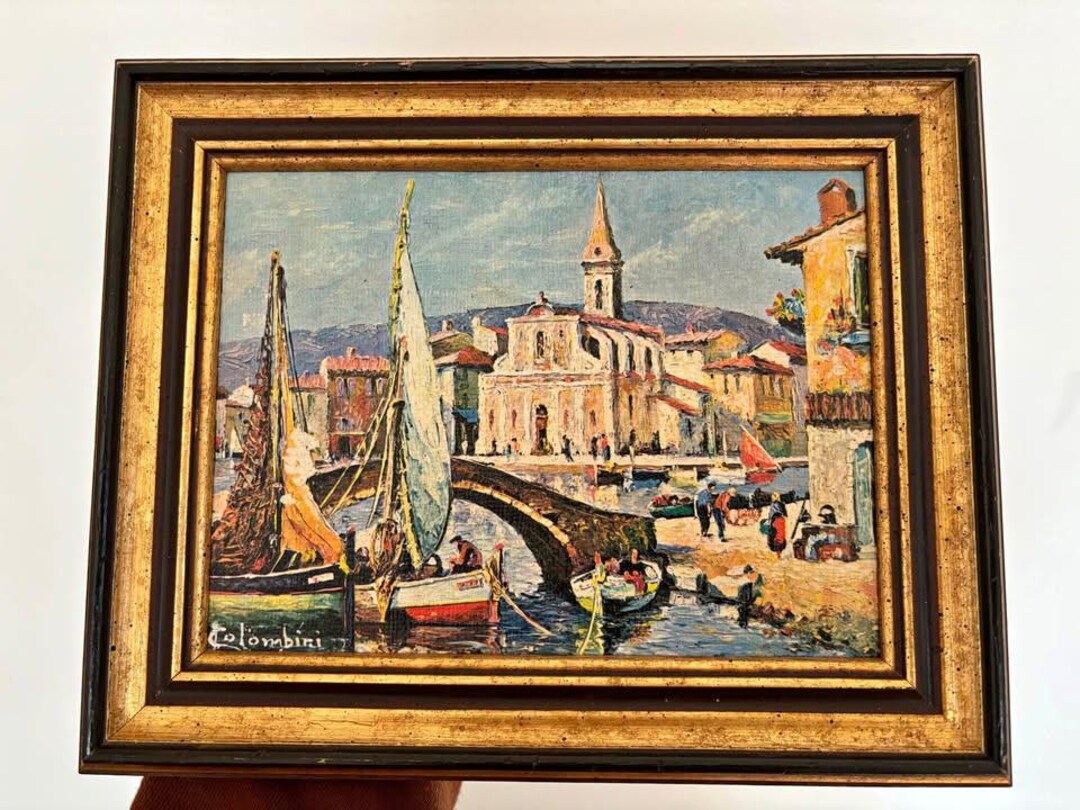 Vintage Harbor Oil Painting, Framed European Village Scene, Signed ...