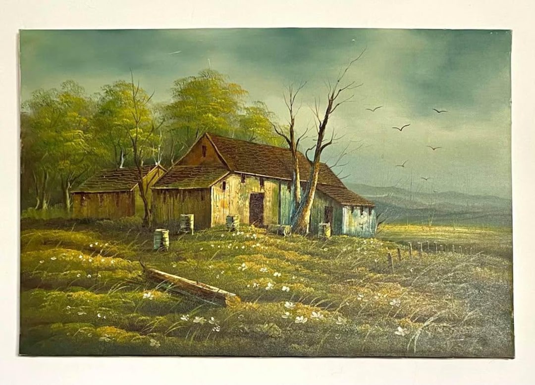 Rustic Farmhouse Landscape Painting, Vintage Barn Scene, Hand Painted ...
