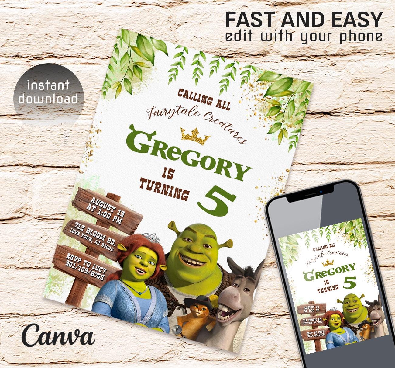 Shrek Birthday Invitation, Printable Shrek Invitation, Fiona Party ...