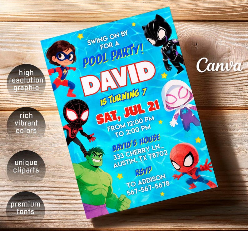 Spidey Pool Party Invitation, Editable Superhero Birthday Invite, Swim ...