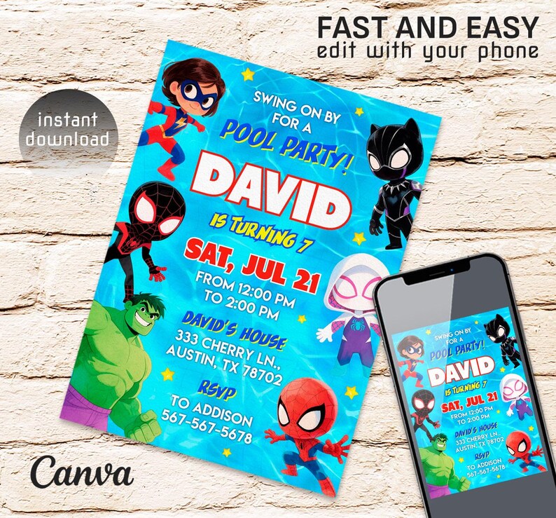 Spidey Pool Party Invitation, Editable Superhero Birthday Invite, Swim ...