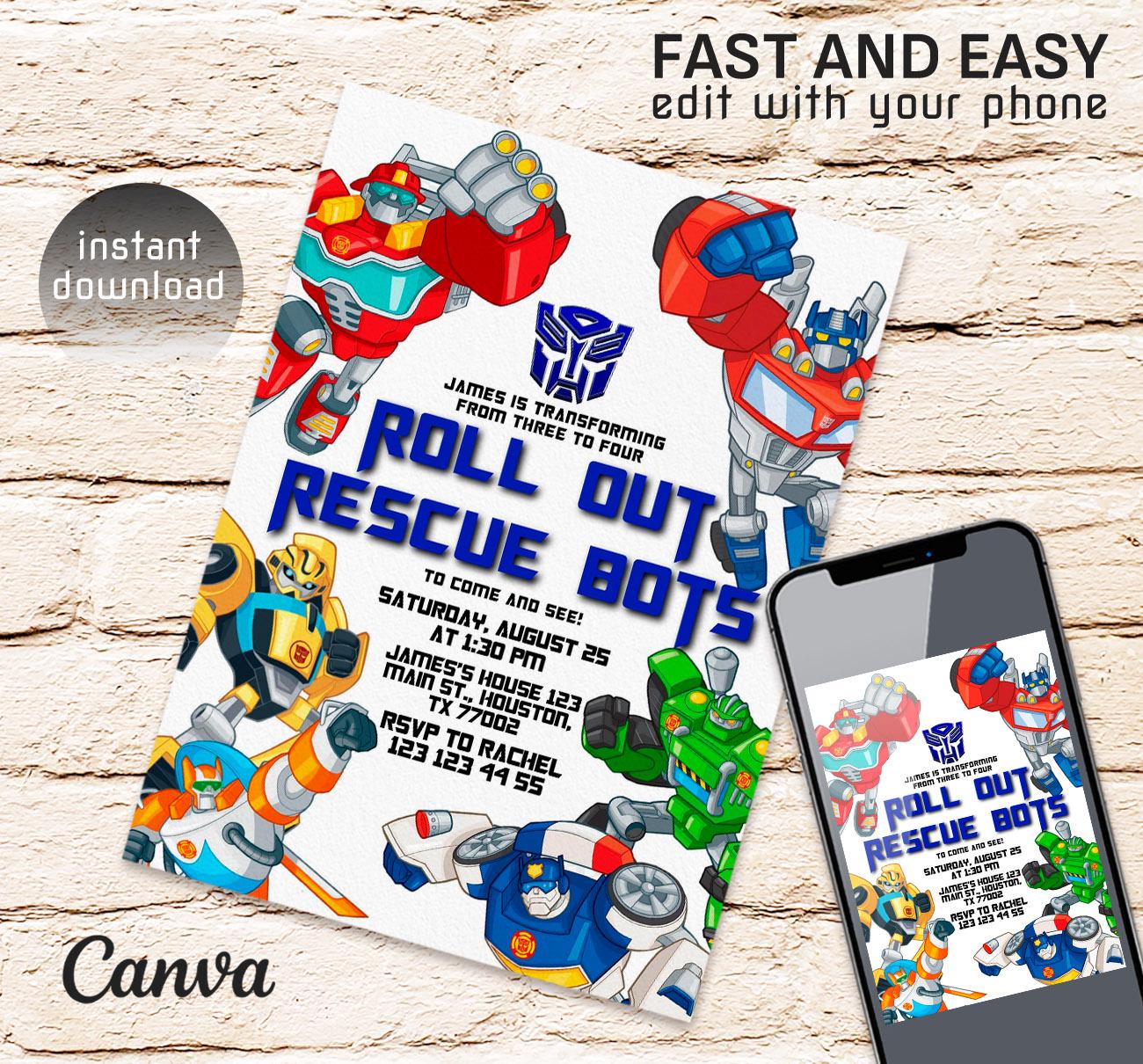 Printable Rescue Bots Birthday Invitation, Optimus Prime Invite ...