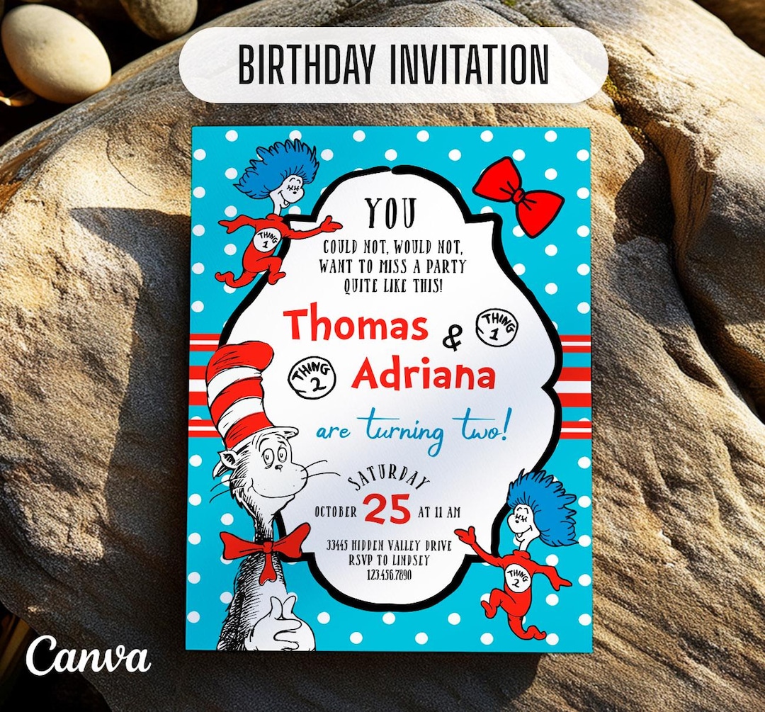Dr Seuss Birthday Invitation, Printable Fairytale Invite, Editable Cat ...