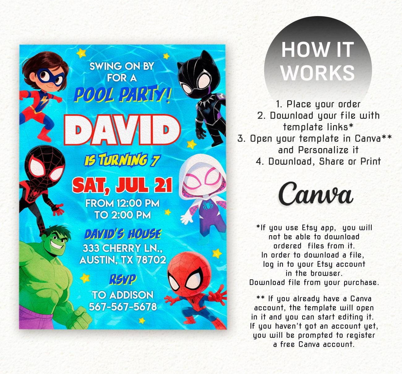 Spidey Pool Party Invitation, Editable Superhero Birthday Invite, Swim ...