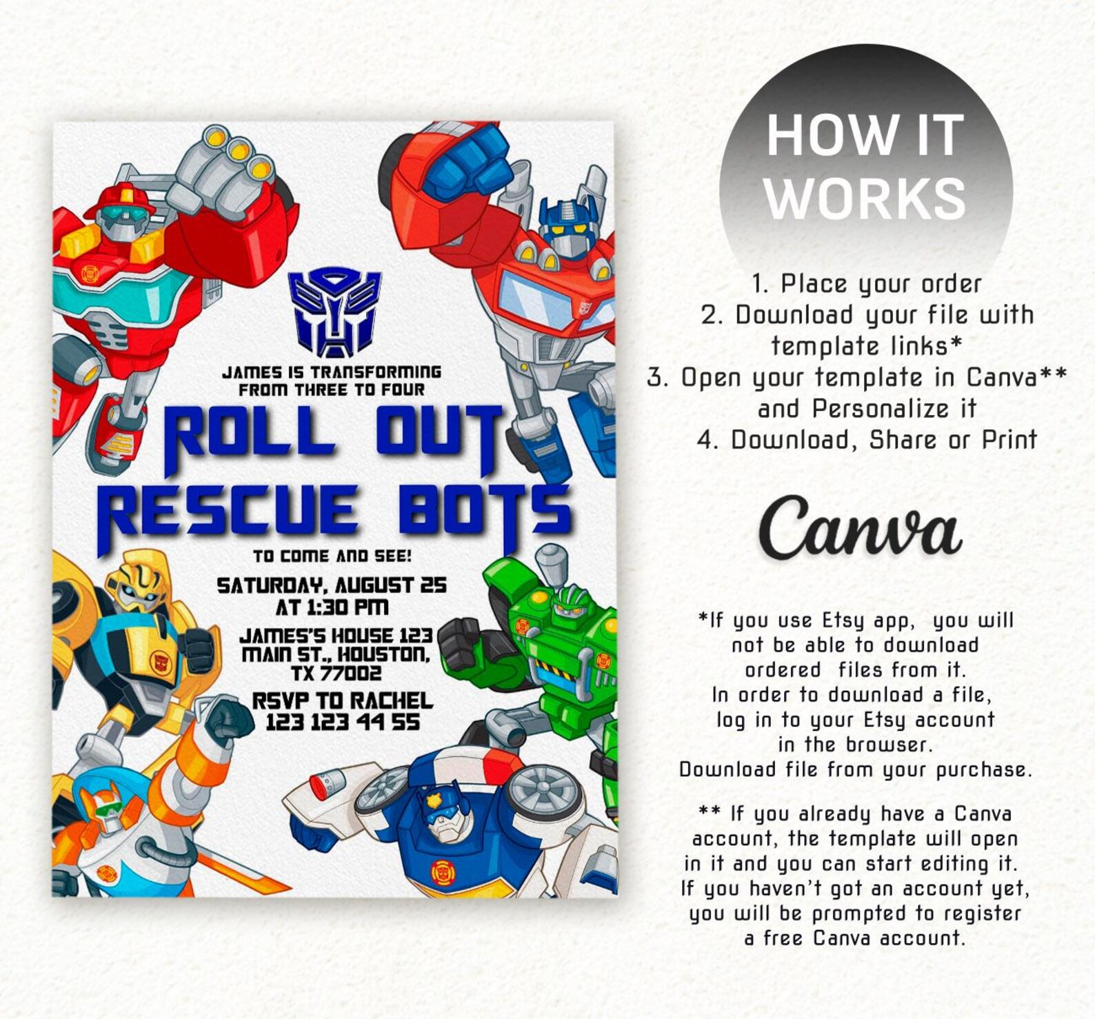 Printable Rescue Bots Birthday Invitation, Optimus Prime Invite ...
