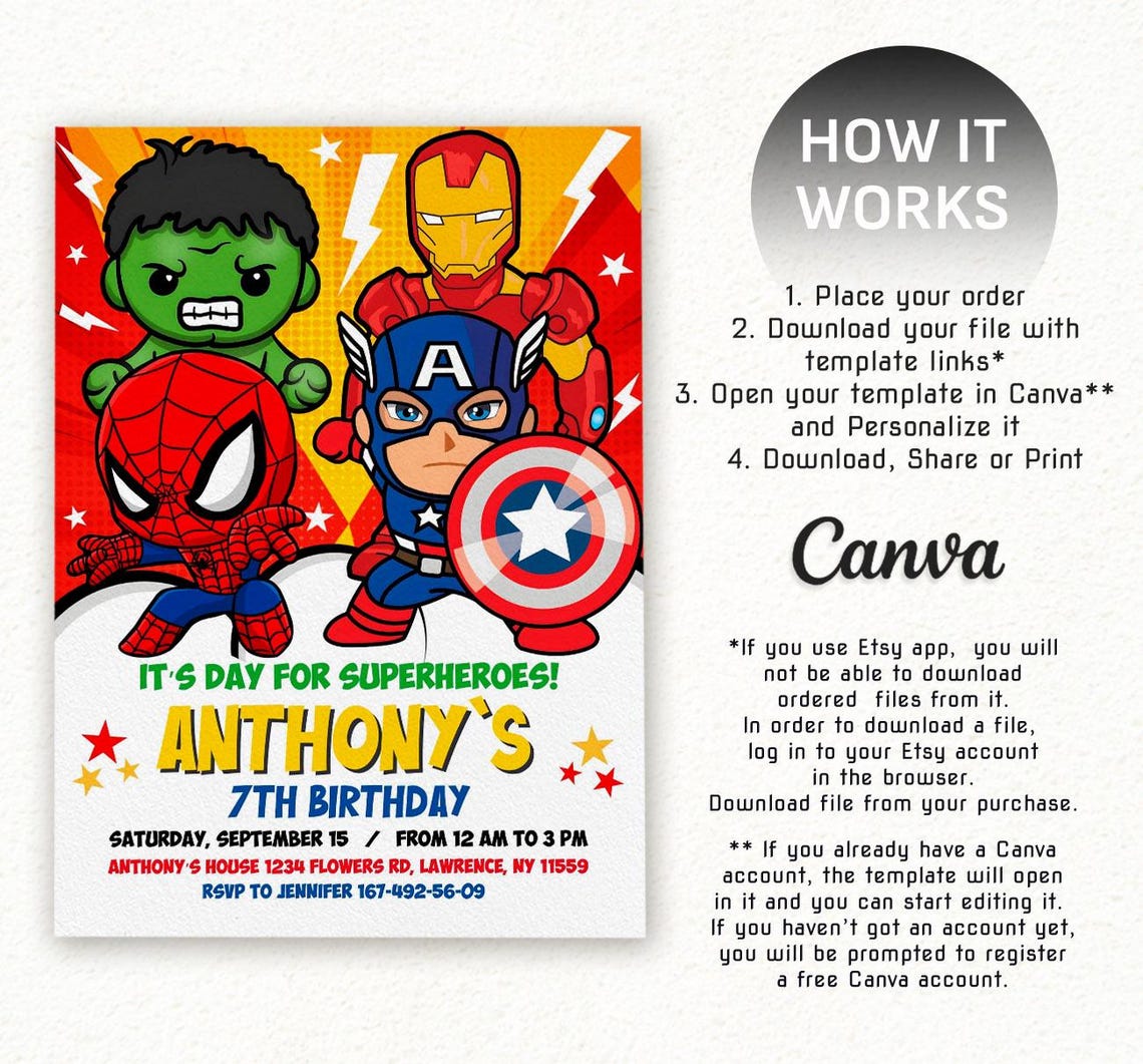Printable Boy Birthday Invite, Super Hero Editable Party Invitation ...