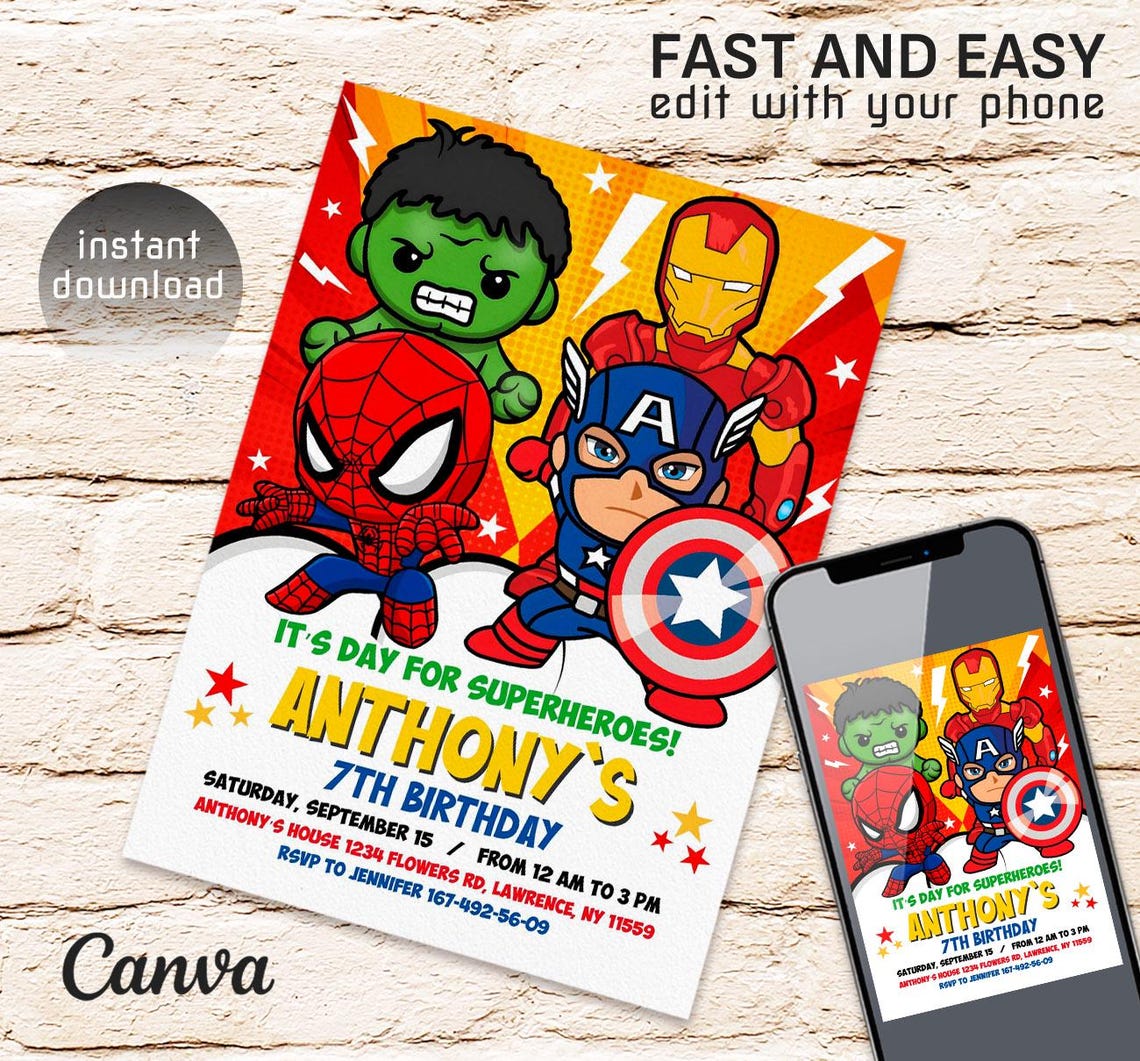 Printable Boy Birthday Invite, Super Hero Editable Party Invitation ...