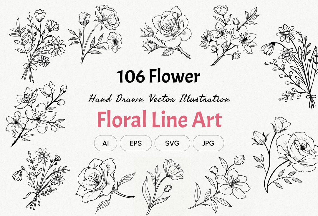 Floral Line Art | Botanical Line Art Clipart | JPG, Ai, EPS, SVG Vector ...
