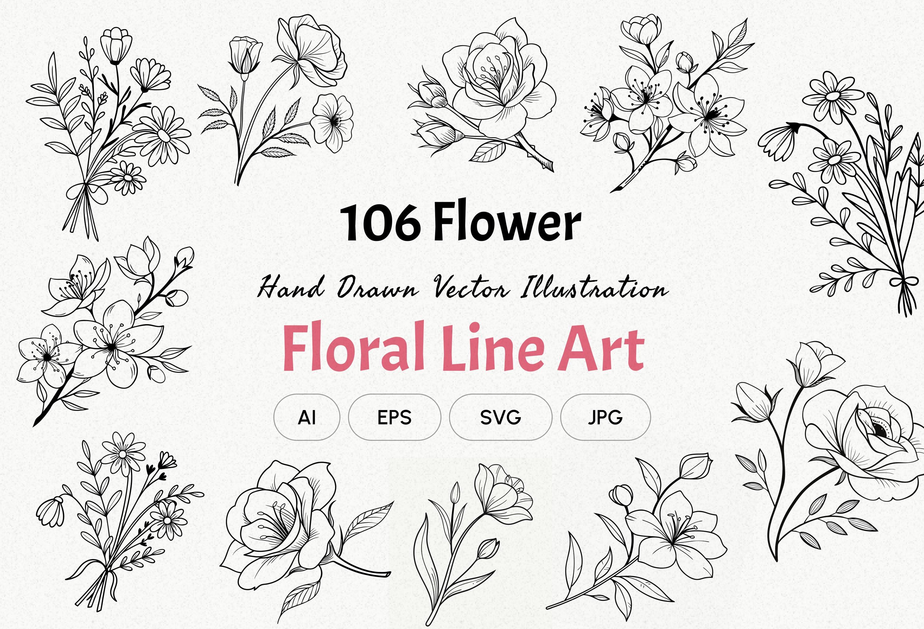 Floral Line Art | Botanical Line Art Clipart | JPG, Ai, EPS, SVG Vector ...