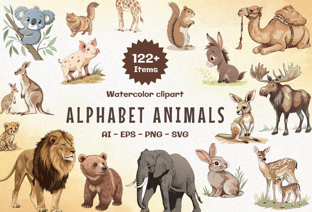 Watercolor Cute Animals Clipart | 122 Cute Animal PNG, Ai, EPS, SVG ...