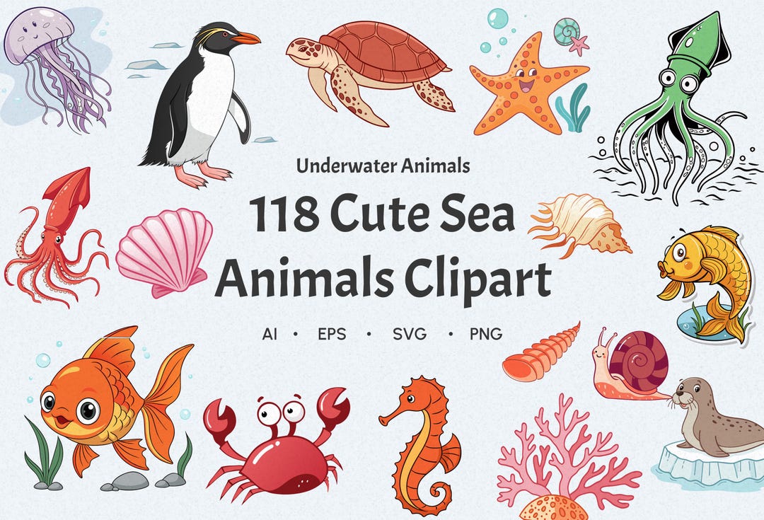 Cute Sea Animals Clipart | Underwater Animal PNG, AI, EPS, Svg Files ...