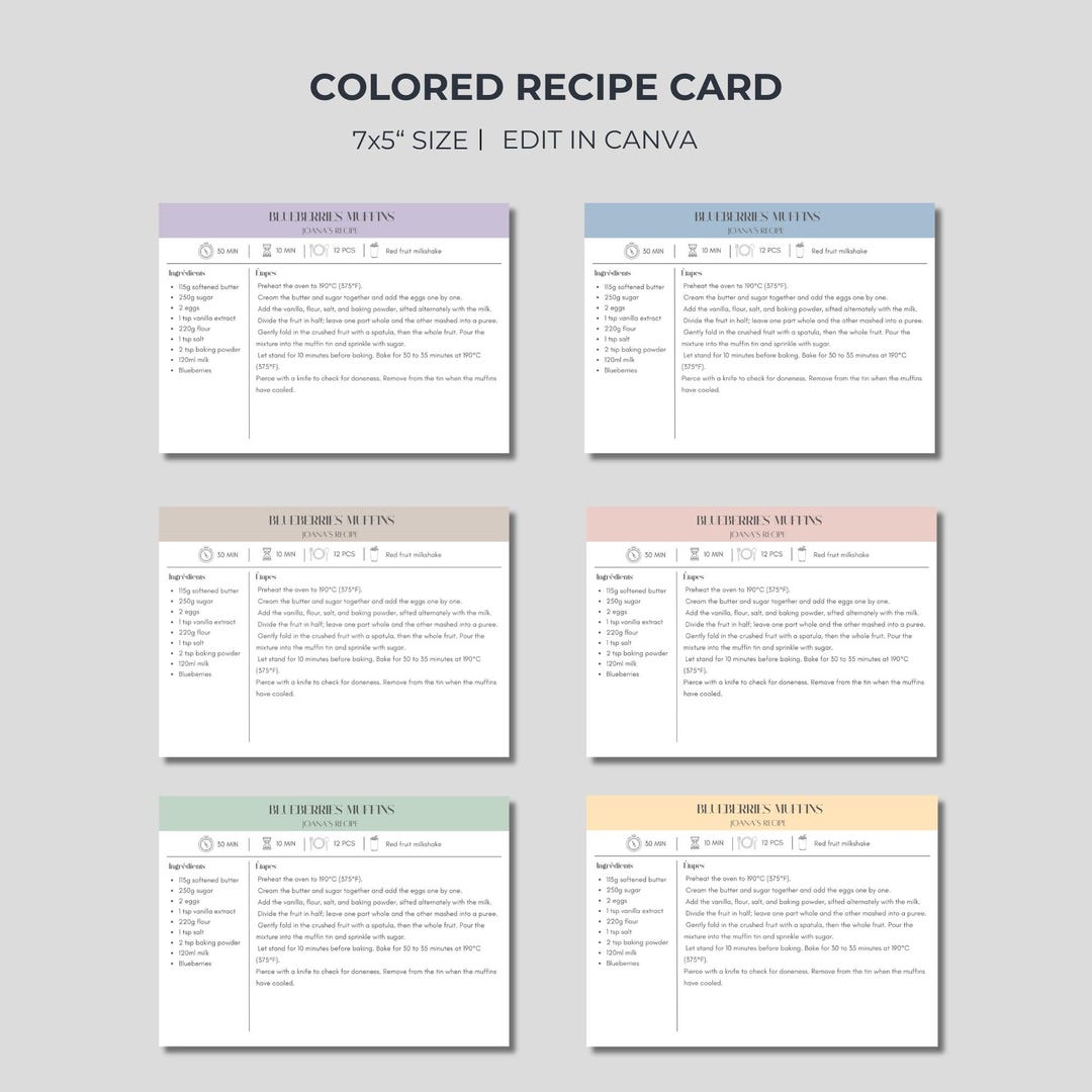 Colorful Recipe Card Template L Editable and Printable L 7X5 In. - Etsy