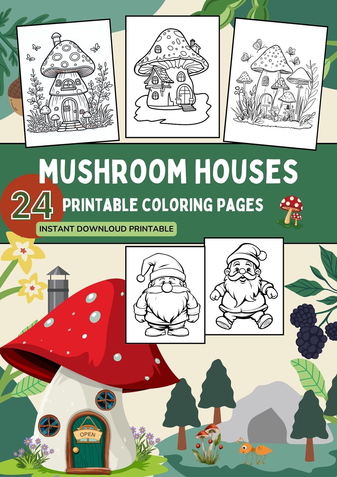 24 Mushroom Houses Coloring Pages, Kids and Adult Coloring Book ...
