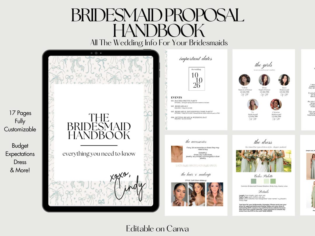 Bridesmaid Handbook Template | Editable Canva Template Wedding Bachelorette, Planner, Itinerary ...