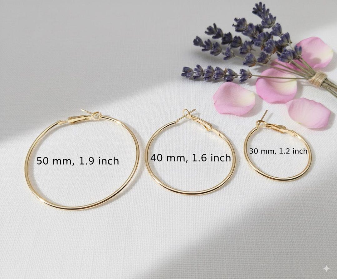 14k Gold Plated Hoop Earrings Set – 30mm, 40mm, 50mm, 60 Mm, Thin Gold ...