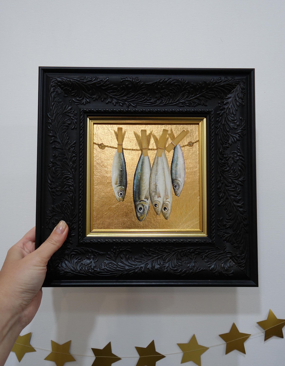 Sardine Gold Leaf Oil Painting, Original Kitchen Tiny Art Work, Fish ...