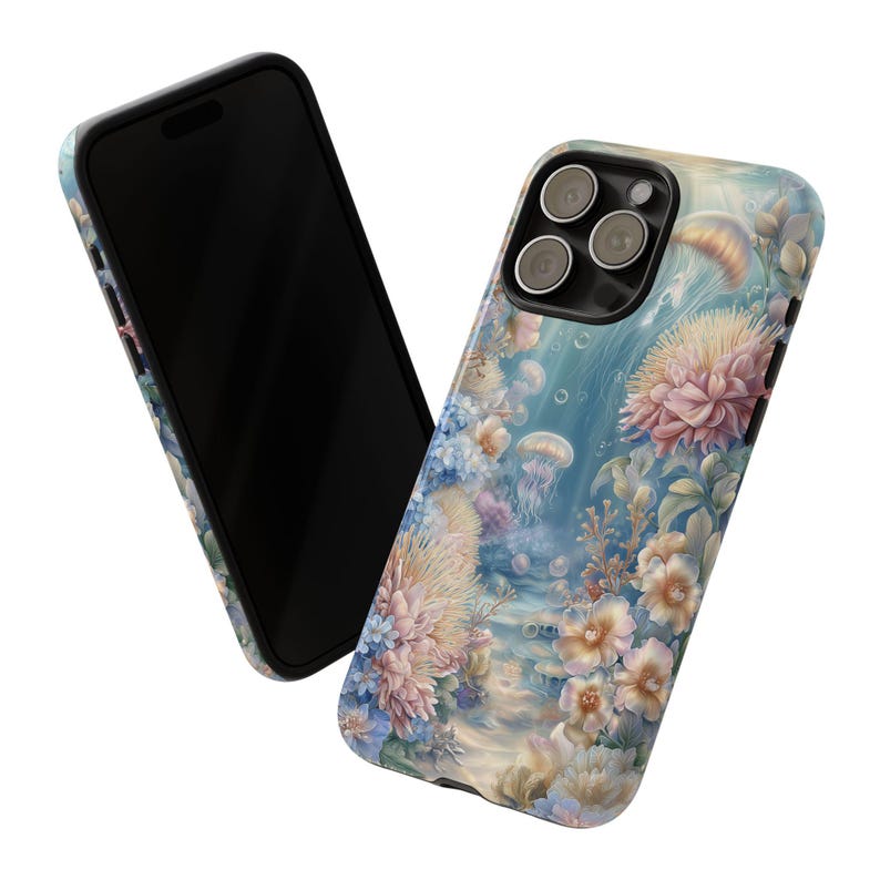 Underwater Pastel Floral Ocean Scene Turquoise Jellyfish Phone Case ...