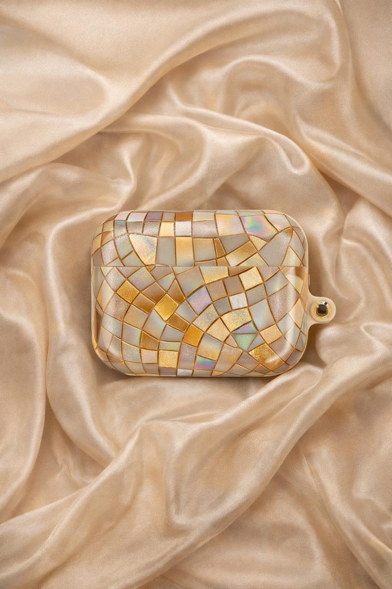 Iridescent Golden Pearl Mosaic Airpods Case, Stained Glass Tile Pattern ...