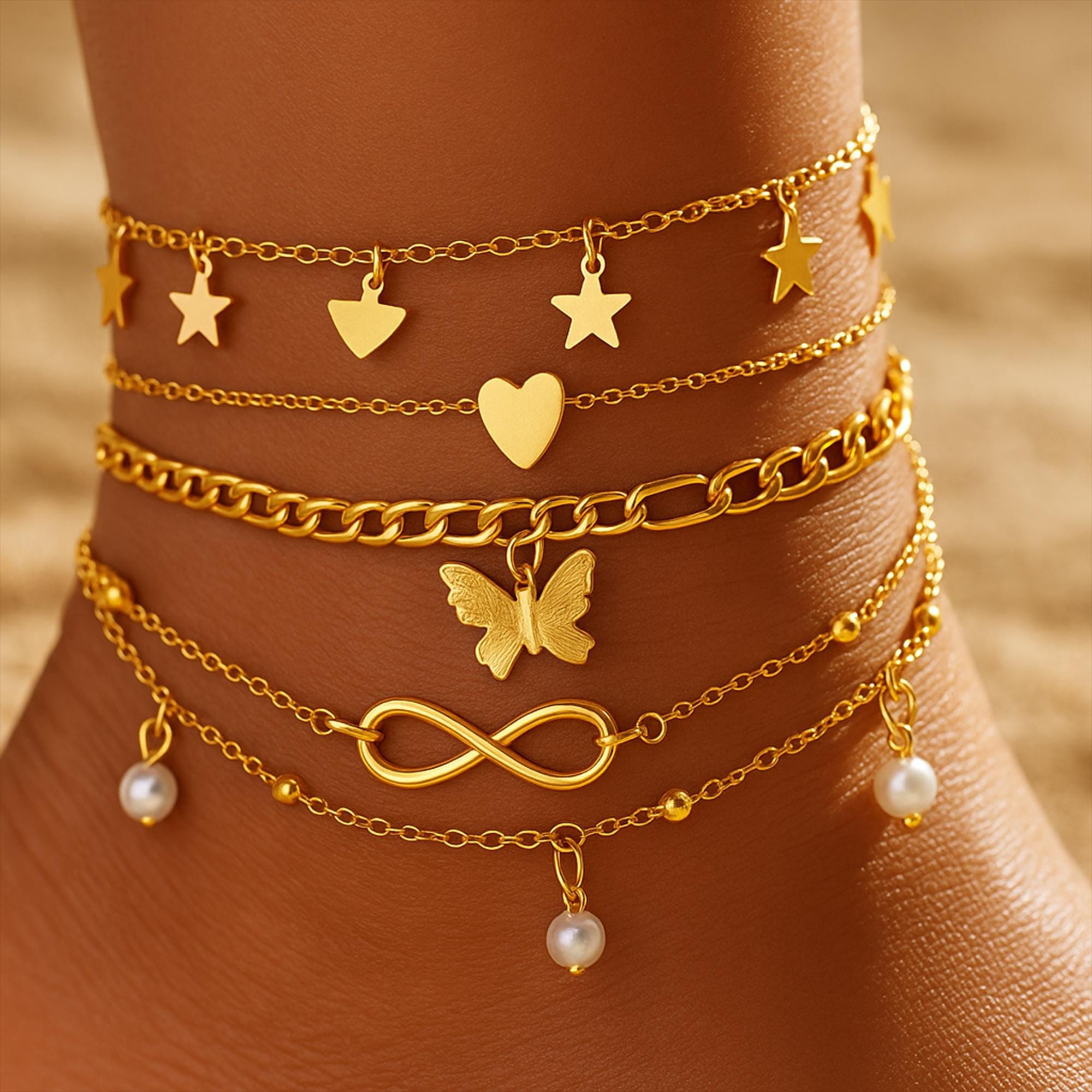 Gold Anklet Set Women Layered Ankle Bracelets With Stars Heart ...