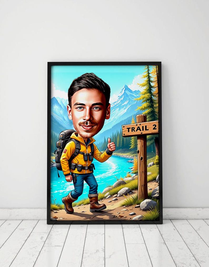 Custom Hiking Cartoon Portrait |personalized Hiker Caricature From ...