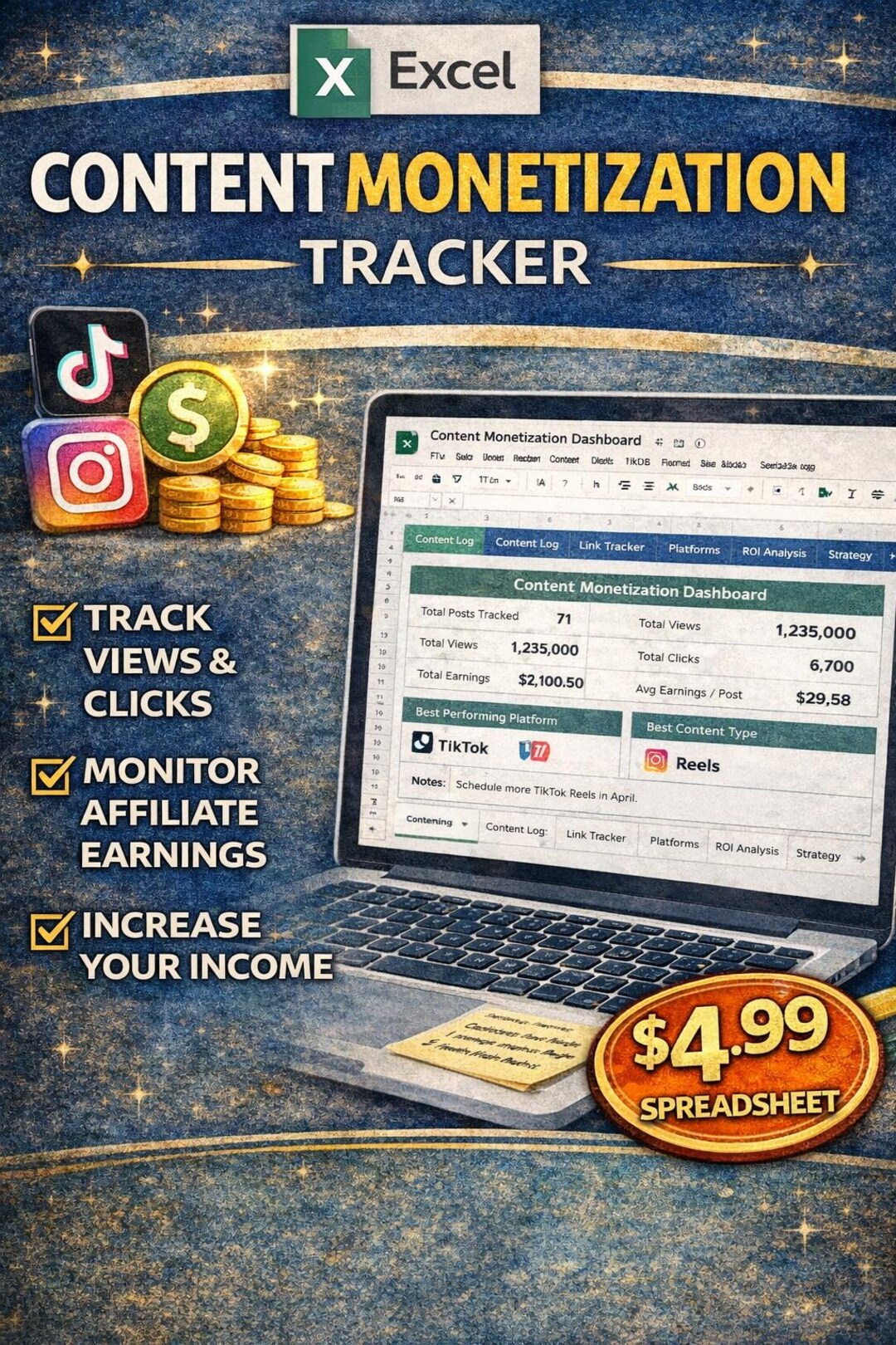 Content Monetization Tracker Excel Tiktok Reels Affiliate Income ...