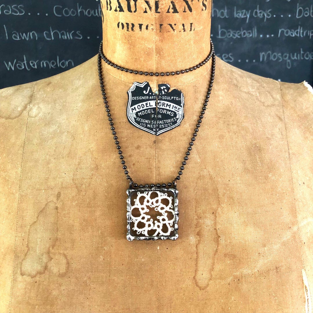 Square Vintage Tatted Lace Soldered Pendant Necklace, Gift for Her - Etsy