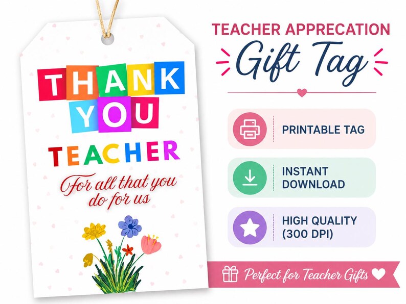 Teacher Appreciation Gift Tag | Colorful Floral Thank You Card (digital ...