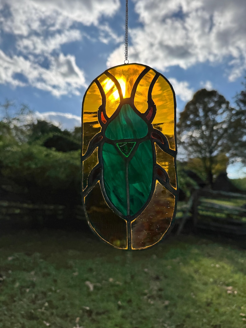Amber and Green Beetle Stained Glass Panel - Etsy