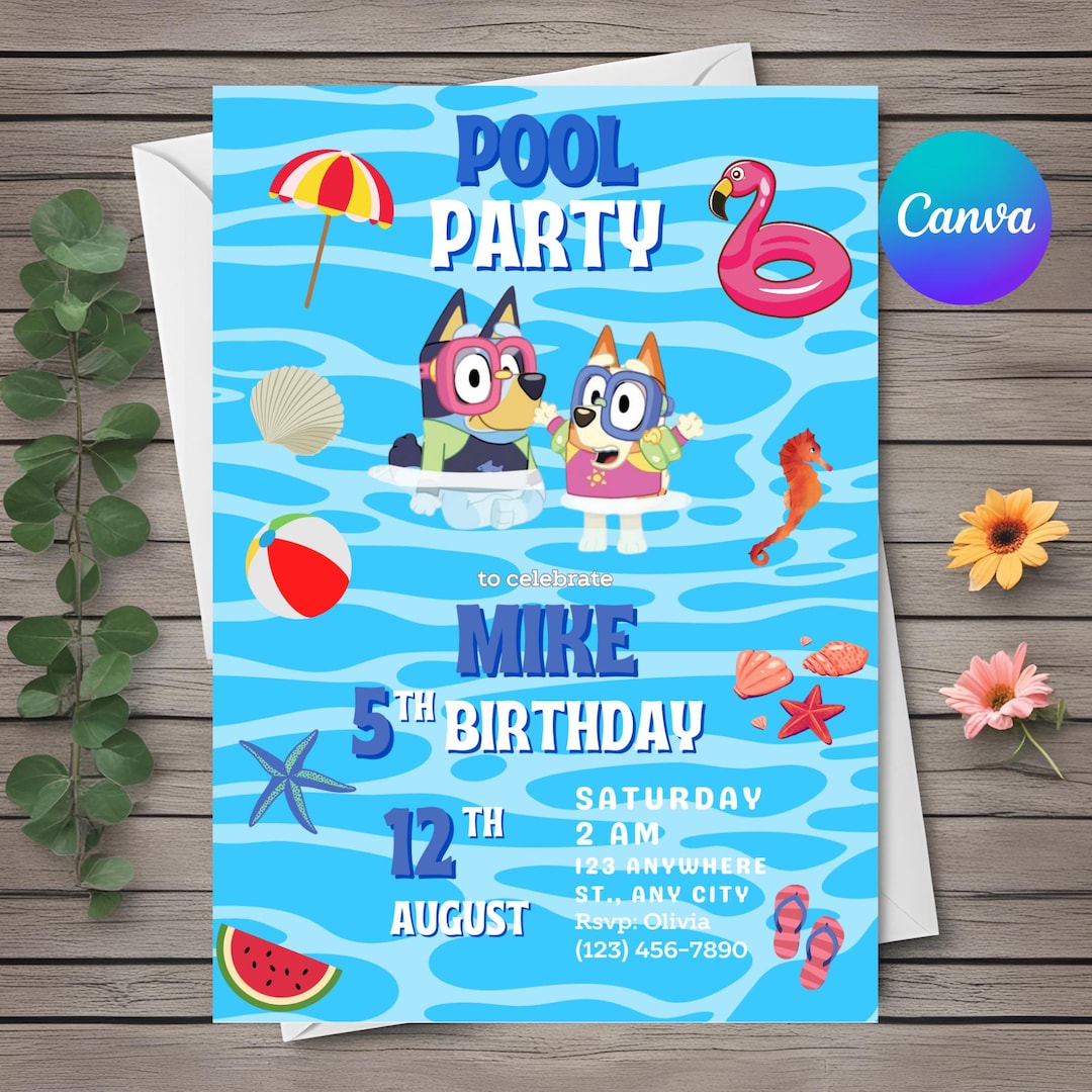 Bluey Theme Pool Party Birthday Invitation - Bluey Pool Party ...