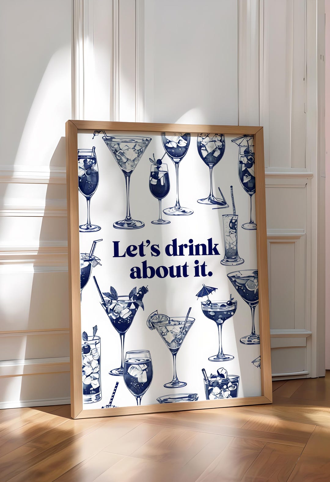 Cocktail Poster - Let’s Drink About It, Bar Wall Art, Blue and White ...