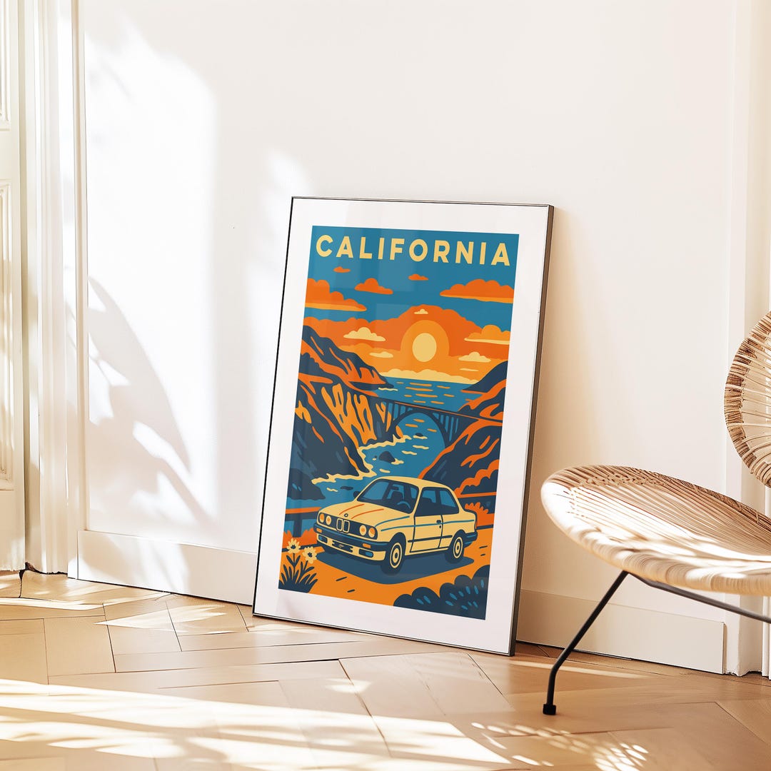 California Road Trip Poster West Coast Car Art Print Coastal Highway ...
