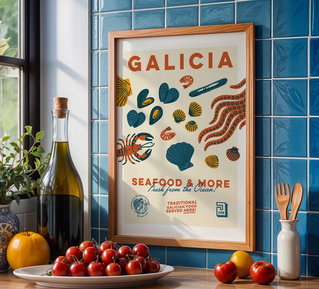 Galicia Seafood Poster Spain Travel Print Spanish Kitchen Wall Art ...