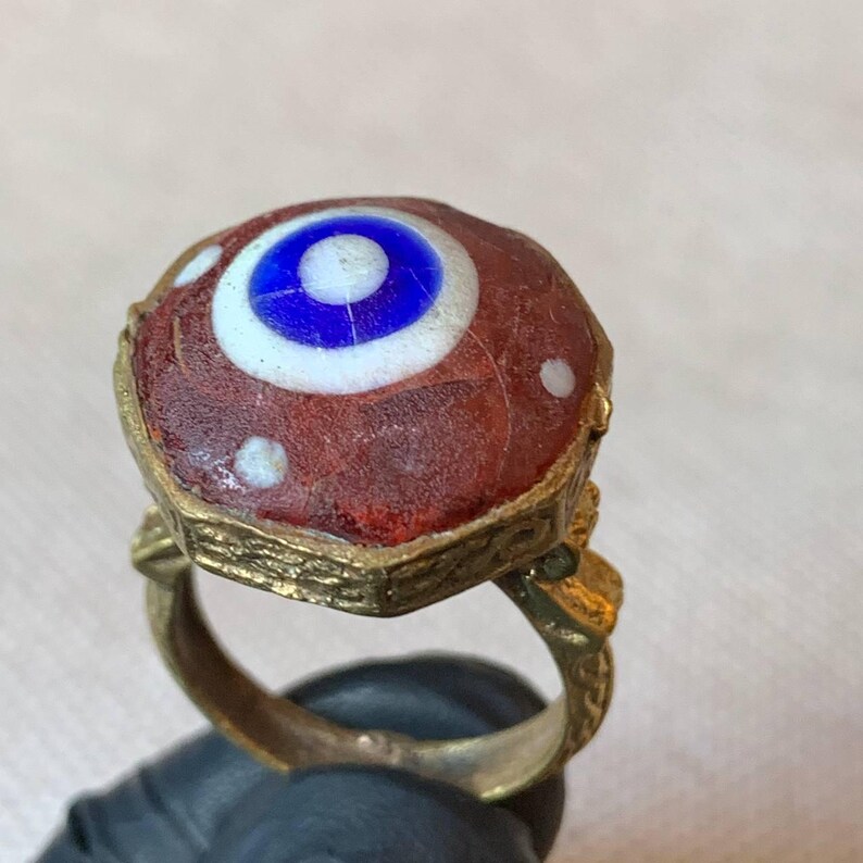 Ancient Roman Bronze Ring – Red Mosaic Evil Eye Glass Talisman ...