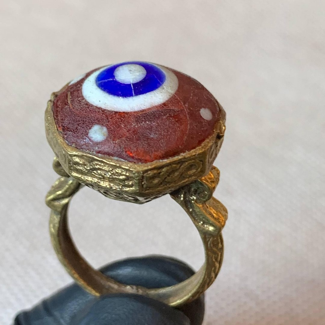 Ancient Roman Bronze Ring – Red Mosaic Evil Eye Glass Talisman ...