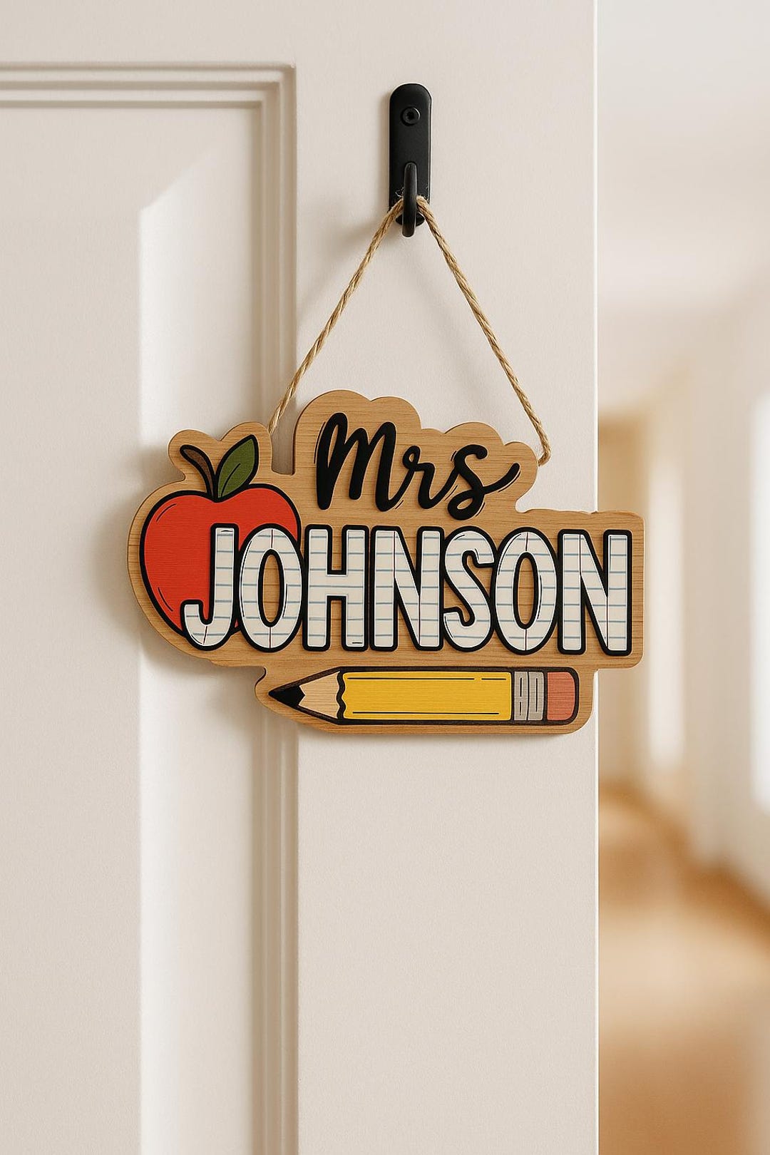 Custom Teacher Name Sign, Notebook Paper Letter Door Hanger, Apple ...
