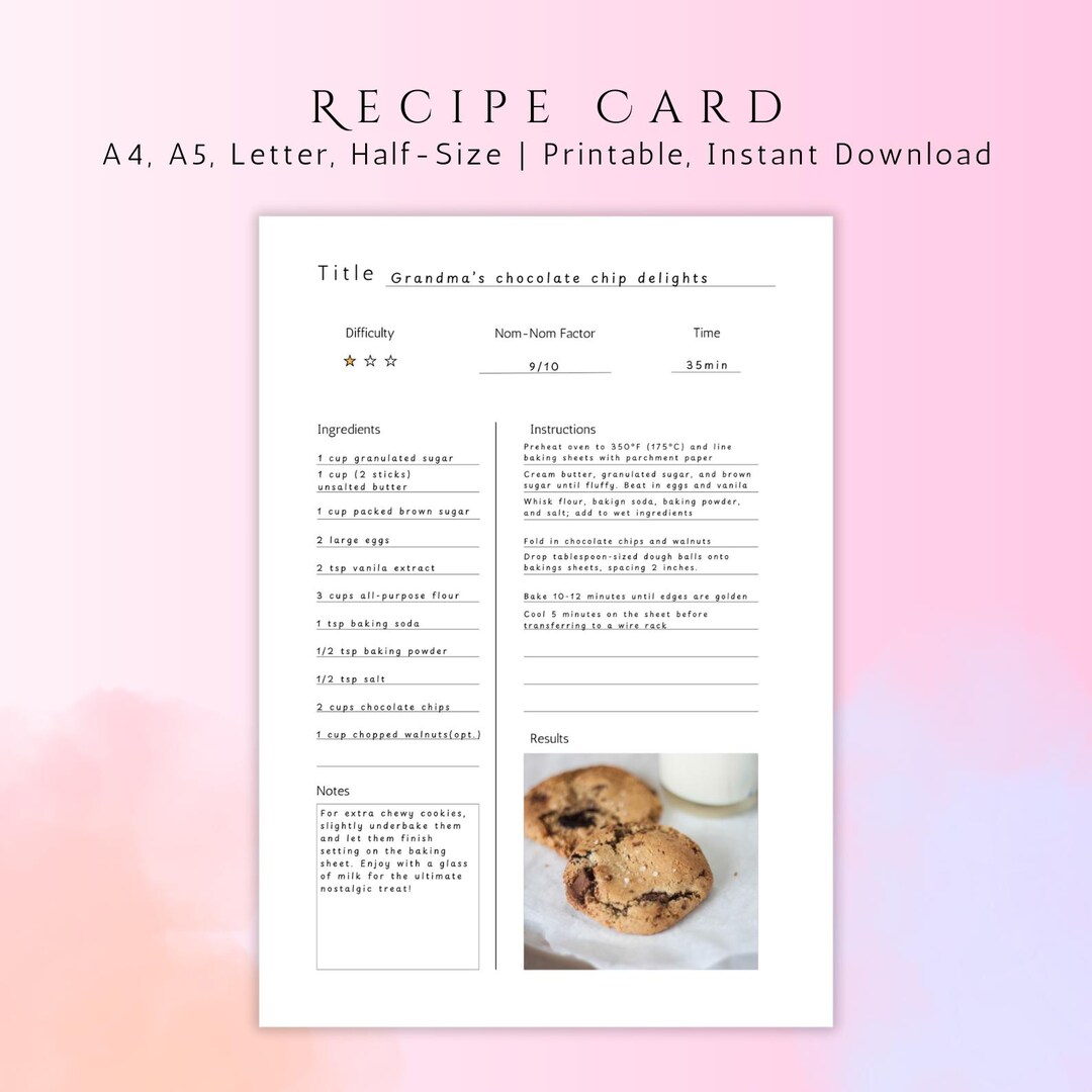 Recipe Card | Printable Blank Recipe Template | Blank Recipe Page ...