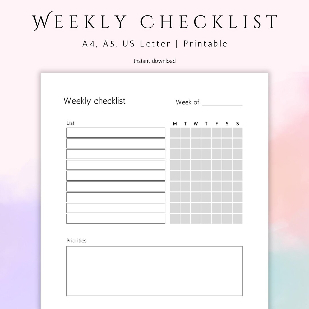 Printable Weekly Checklist | Habit Tracker | Daily Responsibilities ...
